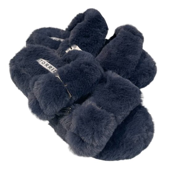 torrid | Shoes | Torrid Navy Blue Double Band Faux Fur Slipper Sz 7 ...